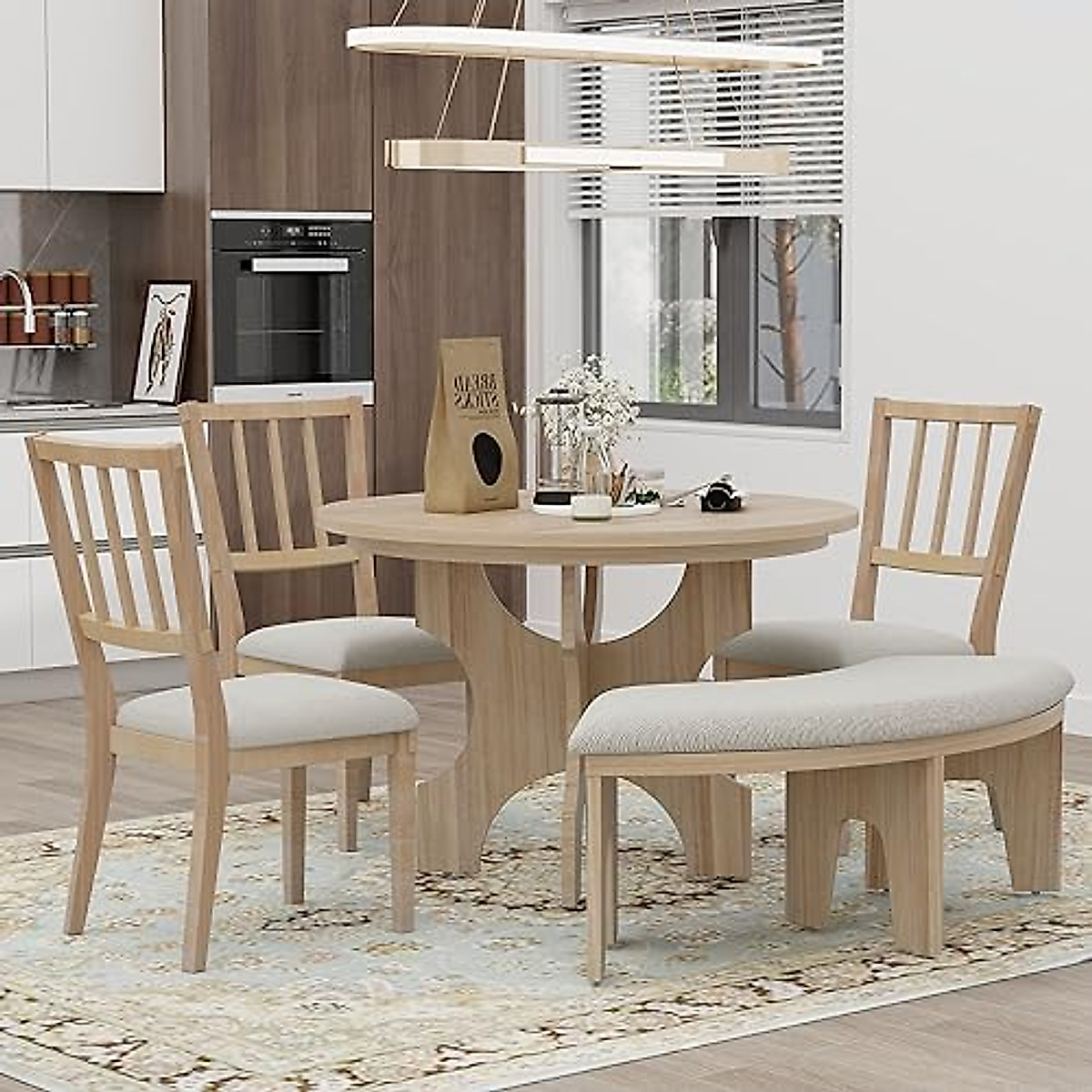 Linique 5-Piece Dining Table Set, 44" Round Dining Table with Curved Bench & Side Chairs for 4-5 People for Dining Room and Kitchen (Natural Wood Wash)