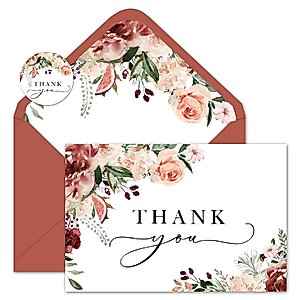 Whaline 24 Pack Floral Thank You Cards Bulk Watercolor Flower Thank You Note Cards with Envelopes Stickers for Fall Wedding Bridal Shower Birthday Invitation
