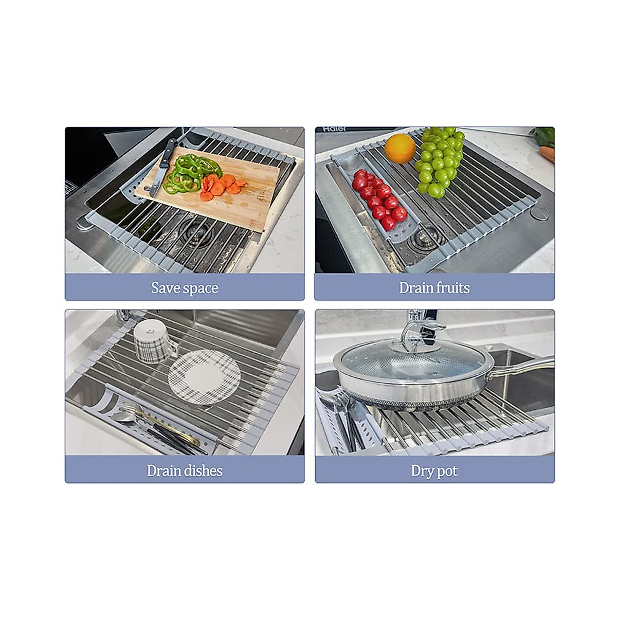 COSYSILK Over The Sink Roll Up Dish Drying Rack Dish Drainer for Kitchen Sink, Foldable Stanless Steel Roll Up Sink Dish Drying Rack with Utensil Holder for Sliverware Size 17.0" x 13.0" (Gray)