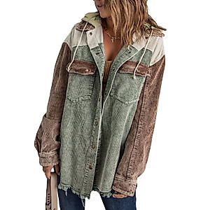 Dokotoo Womens Ladies Corduroy Jackets Long Sleeve Flannel Shirts Button Down Coats Contrast Color Block Oversized Hooded Winter Fall 2024 Shacket Jackets with Pockets Green Medium