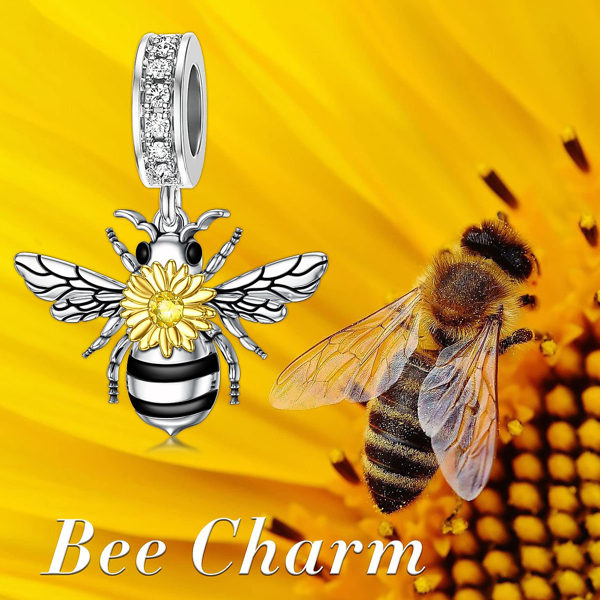 PELOVNY Spacer Bee Charm 925 Sterling Silver Queen Bumble Bee Bead with Sunflower Honeycomb Bracelet Jewelry Gifts for Women Birthday Christmas Halloween