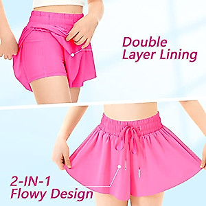 Girls Flowy Shorts Butterfly Shorts with Pocket 2-in-1 Athletic Shorts Running Shorts for Girls Kids Active Workout Sports (Hot Pink,Medium)