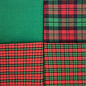 Set of 4 Fat Quarters, Christmas Red & Green Assorted Plaid Gingham Precut Fabric Homespun Cotton Bundle by JCS
