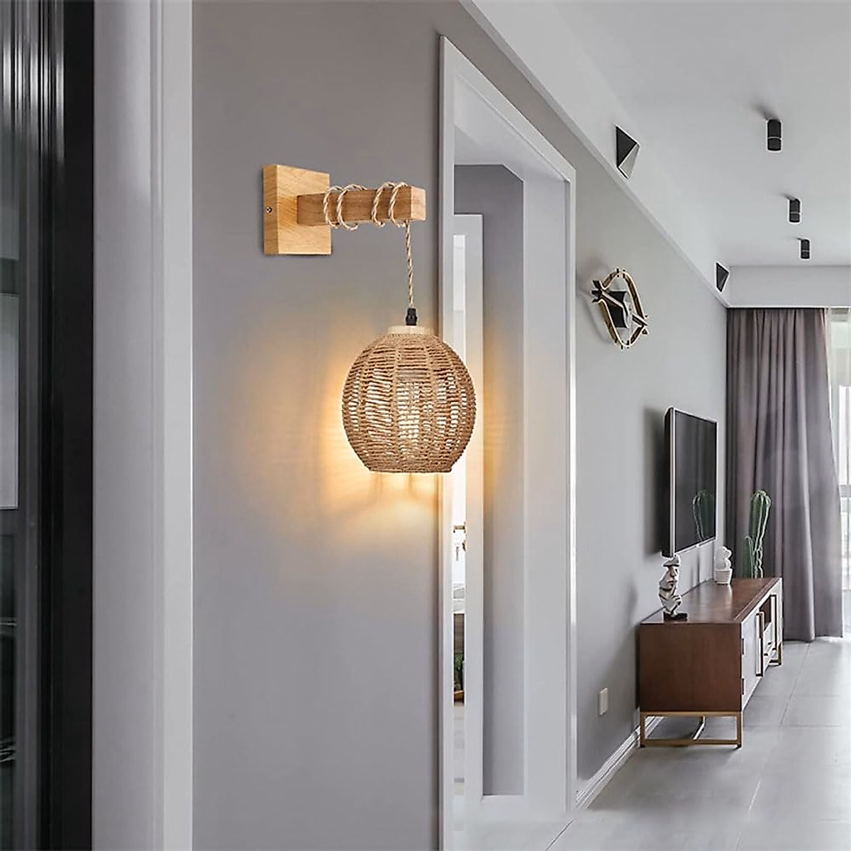 TIGKHAE 2Pcs Bamboo Lantern Wall Sconces Wicker Lamp Cord Hand Woven Rattan Wall Light Lamp Farmhouse Rustic Boho Sconces Wall Lighting for Living Room Bedroom E26