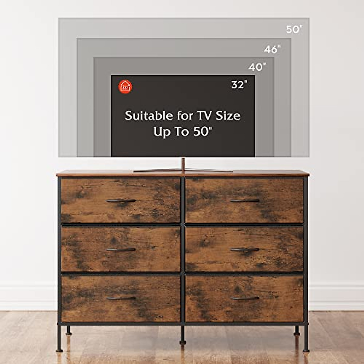 WLIVE Wide Dresser with 6 Drawers, TV Stand for 50" TV, Entertainment Center with Metal Frame, Wooden Top, Fabric Storage Dresser for Bedroom, Hallway, Entryway, Rustic Brown Wood Grain Print