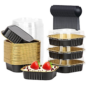 LNYZQUS 7.5oz Cupcake Mini Cake Pans With Lids 40 Pack, Aluminum Cupcake Liners Brownie Baking Pans,Square 4”x4” Disposable Ramekins Creme Brulee Cups,Jumbo Muffin Tin Holders-Black In Gold