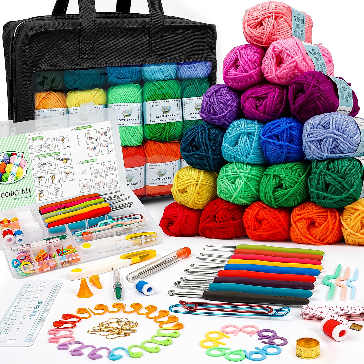 103 PCS Crochet Kit with Crochet Hooks Yarn Set, Premium Bundle Includes 1650 Yards Acrylic Yarn Skeins Balls, Needles, Accessories, Bag, Ideal Starter Pack for Kids Adults Beginner Professionals