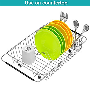 iPEGTOP Expandable Dish Drying Rack with Rustproof Stainless Steel Utensil Cutlery Holder, Over Sink Dish Rack Basket Shelf, Dish Drainer in Sink or On Counter