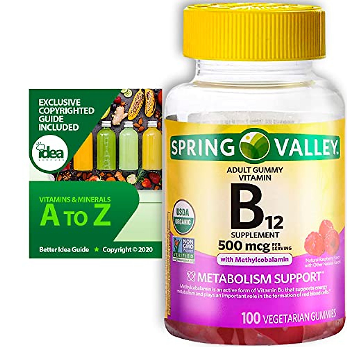 Vitamin B12 Organic Vegetarian Gummies, Metabolism Support with Methylcobalamin by Spring Valley, 500 mcg, 100 Ct Bundle with Exclusive Vitamins & Minerals - A to Z - Better Idea Guide (2 Items)