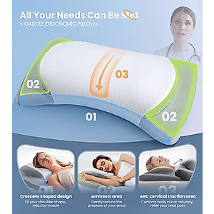 Gadole 8X Support Side Sleeping Pillow for Neck Pain Relief, Adjustable Cervical Fit Shoulder Perfectly, Ergonomic Contour Memory Foam Pillows with Armrest Area, Bed Back Stomach Grey Queen