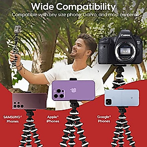 TALK WORKS Flexible Tripod for iPhone, Android, Camera - Bendable Legs, Adjustable Stand Holder with Mini Wireless Remote for Selfies, Vlogging, Beauty/Makeup, Live Streaming/Recording - Black