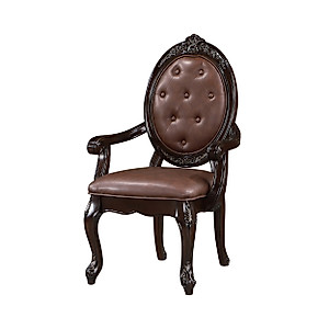 Benjara Cran 24 Inch Dining Armchair, Carved Details, Faux Leather Seat, Brown