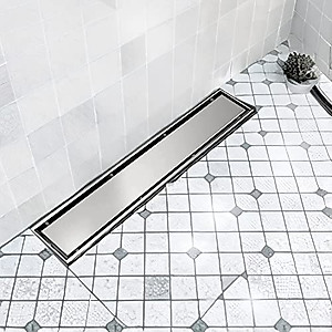 USHOWER 24-Inch Linear Shower Drain with Reversible 2-in-1 Tile Insert Cover, SUS304 Stainless Steel, Includes Hair Strainer, Brushed Nickel