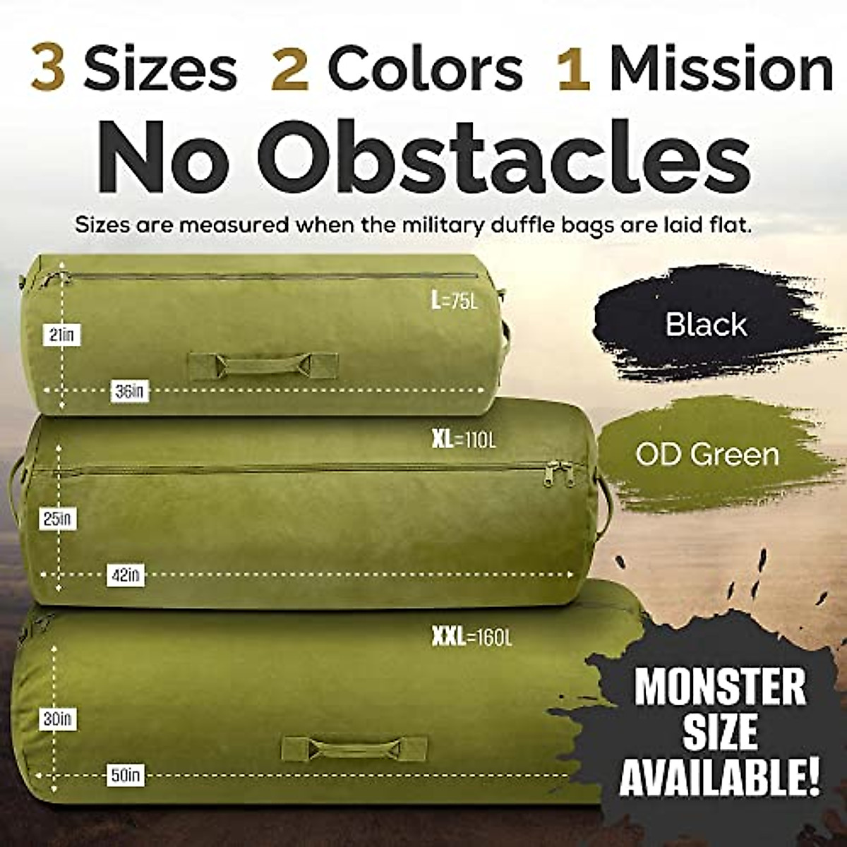 Farm Blue GI Style BLK Zipper Duffel Bag - 30"x 50" XX Large Heavy Duty Army Duffel Bags - Military Grade 18 OZ Canvas- Reinforced Camping Gear-Army Strong Zippers & 3 Grab Handles (Black, XX-Large)