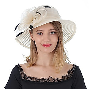 DANTIYA Lady Derby Dress Church Bow Bucket Wedding Bowler Hats Wide Brim Beach UPF Protection Cap (Beige, Free)