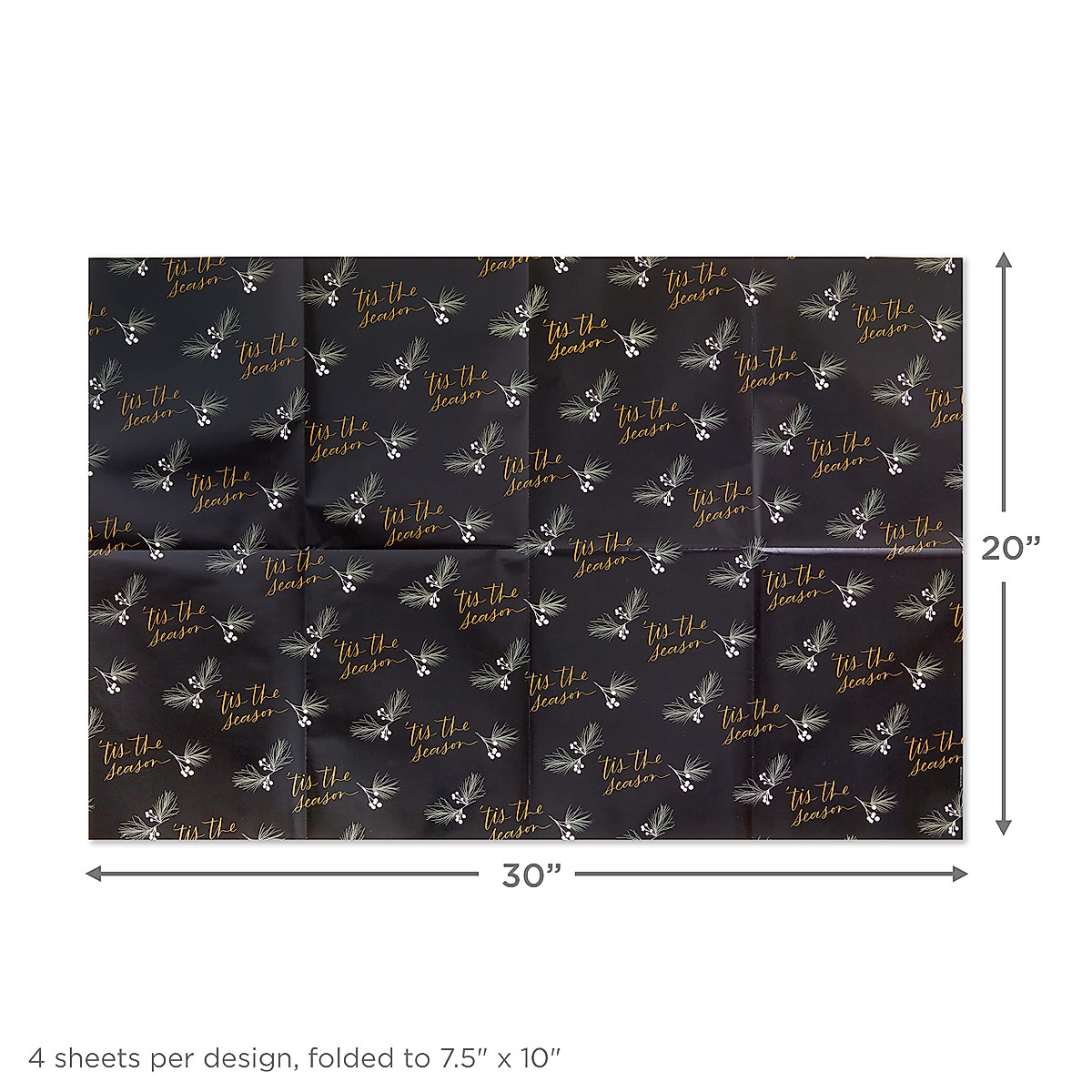 Hallmark Christmas Flat Wrapping Paper Sheets with Cutlines on Reverse (12 Folded Sheets with Sticker Gift Tags) Metallic Gold, Sage Green, Black, Rustic Snowmen, Snowflakes, Tis the Season"