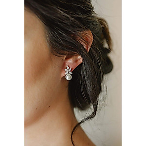 SWEETV Cluster Pearl Wedding Earrings for Birdes Bridesmaid, Crystal CZ Pearl Stud Earrings for Women, Prom, Ivory