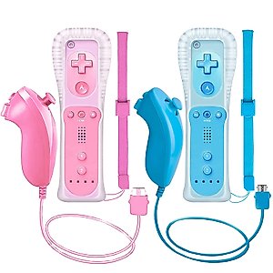 ZeroStory 2 Packs Wireless Controller and Nunchuck for Wii and Wii U Console, Gamepad with Silicone Case and Wrist Strap (Pink and Blue)
