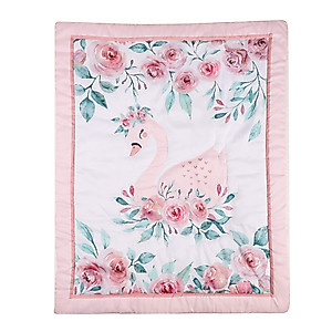 CribMATE 4 PCs Pink Rose Swan Nursery Crib Bedding Set Baby Girl Floral Swan Themed Cot Bedding Set 1 Quilt 1 Skirt 1 Fitted Sheet 1 Window Valance, Pink White, 28 X 52