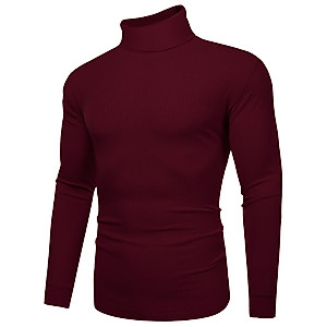 Amussiar Men's Slim Fit Base Layer Shirts Casual Ribbed Tops Thermal Turtleneck Pullover Sweater Wine Red