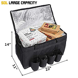 cherrboll Insulated Food Delivery Bag with 4 Cup Holders, Extra Large Commercial Grade Catering Bag - Waterproof, Sturdy Zippers - Ideal for Restaurant Delivery, Grocery Shopping
