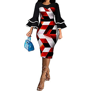 Elegant Bodycon Dresses for Women Sexy Long Ruffles Sleeve Fit Casual Midi Pencil Business Suiting for Party Night with Zipper