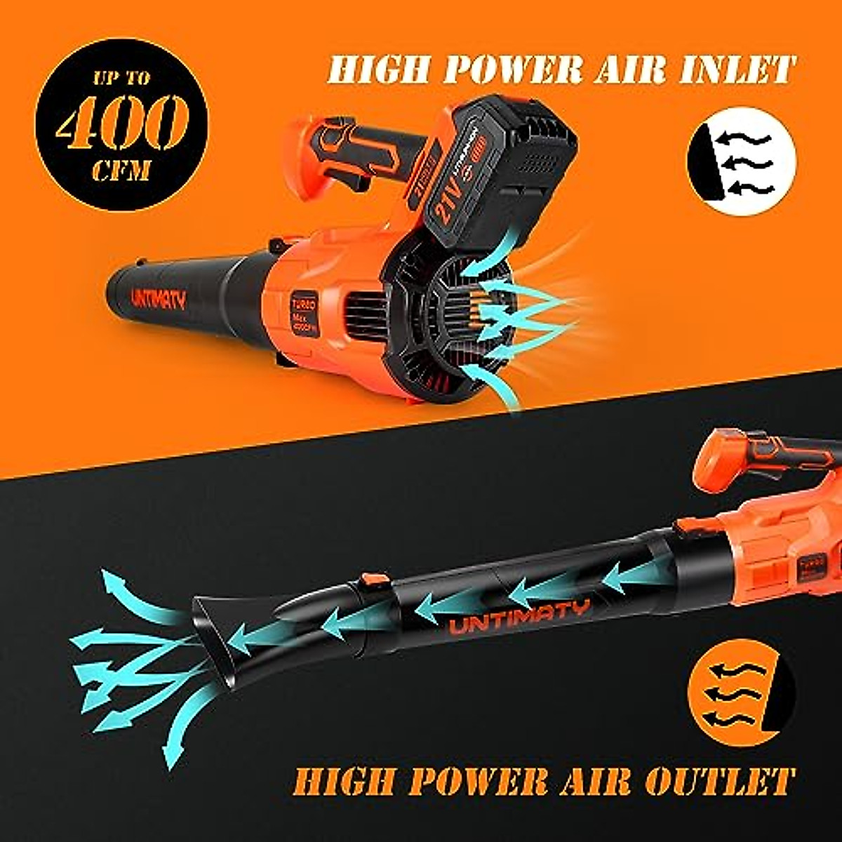 Cordless Leaf Blower 400 CFM Electric Blower with 2 Packs 4.0Ah Battery Powered 3-Gear Wind Speed Handheld Lightweight Blower for Lawn Yard Garden （2pcs Battery）