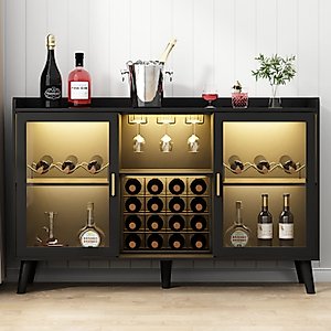 Gyfimoie Modern Wine Bar Cabinet with LED Light, Home Coffee Cabinet w Wine Rack and Glass Holder, Kitchen Sideboard Buffet Cabinet w Storage Shelf, Freestanding Liquor Cabinet w Glass Door (Black)