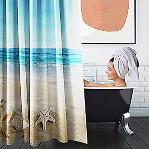 Britimes 4 Piece Shower Curtain Sets, with 12 Hooks, Coastal Sea Seashell Landscape with Non-Slip Rugs, Toilet Lid Cover and Bath Mat, Durable and Waterproof, for Bathroom Decor Set, 72" x 72"