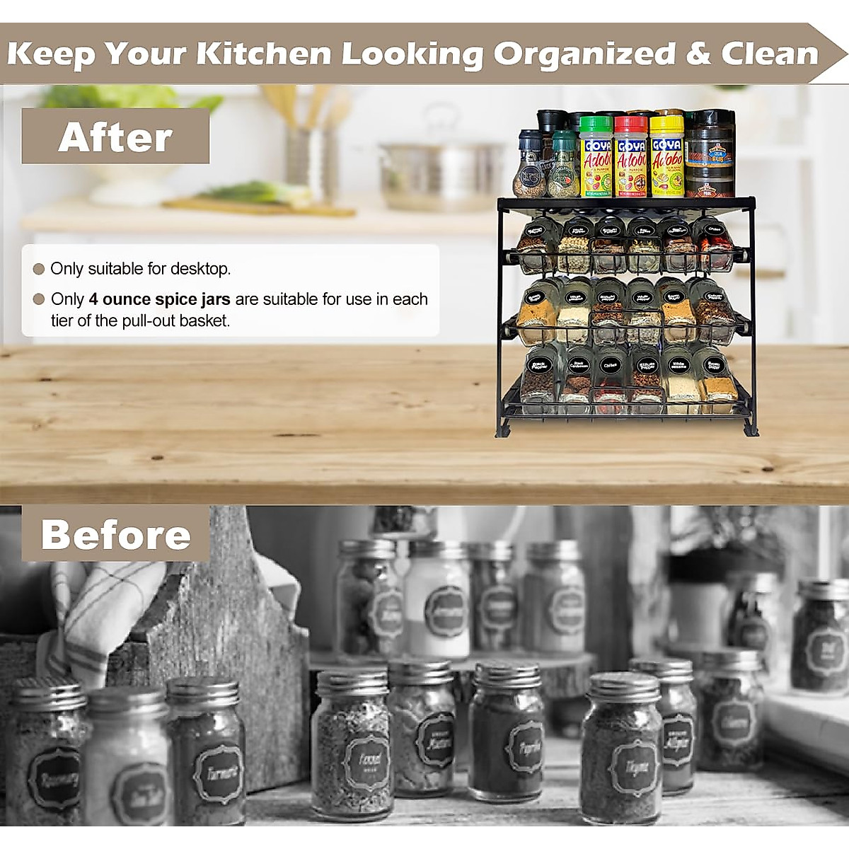 Artibear Spice Rack Organizer with Mesh Drawer for Kitchen Cabinet, 3-Tier Seasoning Storage Holder for Pantry Countertop, Matte Black (Jars Not Included)