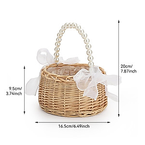 Flower Girl Basket Wicker Rattan Flower Girl Basket Wedding Flower Girl Basket with Pearl Handle and Bows Fairy Flower Basket Rattan Basket for Weddings Bridal Anniversary Party Decor(Brown)