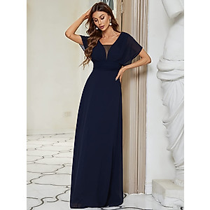 Ever-Pretty Women's Elegant Formal Dress V-Neck Short Sleeve Chiffon Long Mother of The Bride Dresses Navy Blue US12