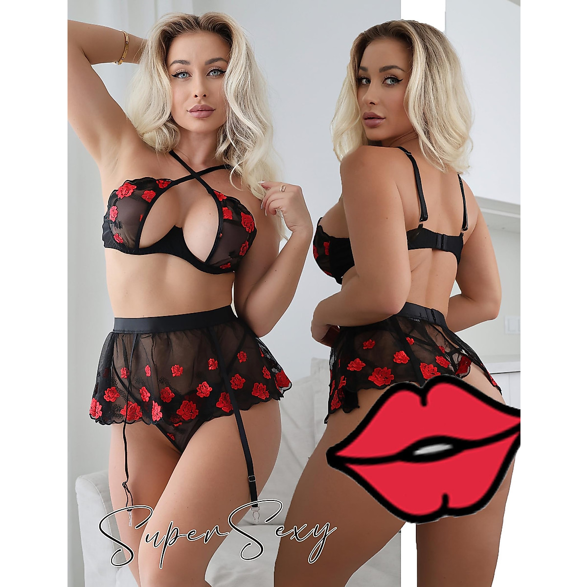 Avidlove Garter Lingerie Set for Women Lace Lingerie Set with Garter Belt Sexy Push Up Lingerie(Red,Small)