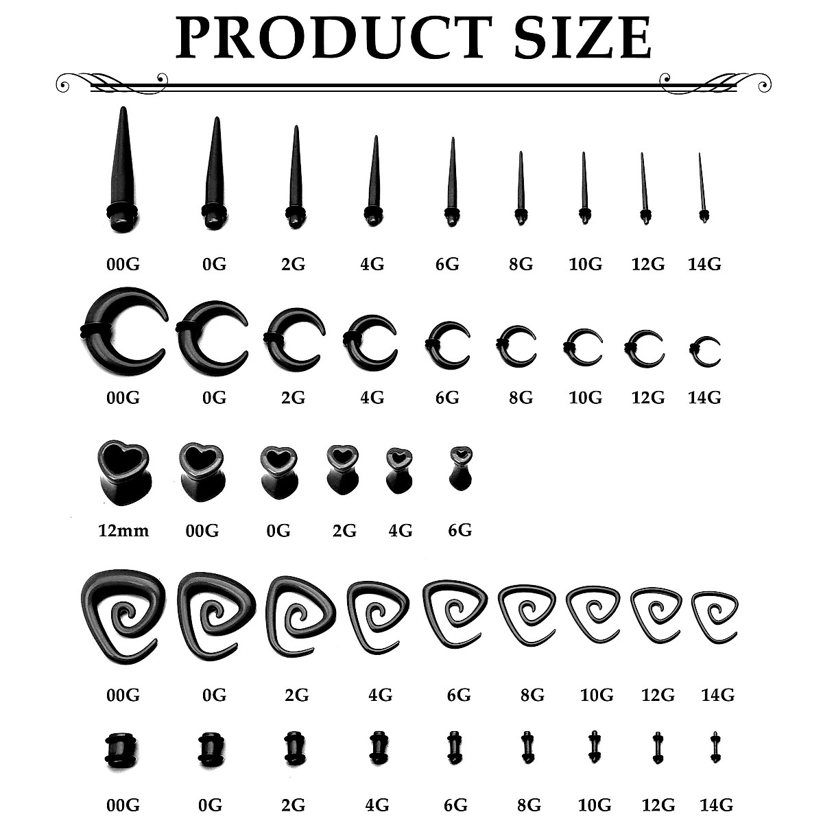 DOLOTTA 84 Pcs Ear Stretching Kit 14G-00G Ear Gauges Expander Set Acrylic Tapers Plugs Silicone Tunnels Body Piercing Jewelry Horseshoes Taper Spiral Tapers Gauges for Ears Black