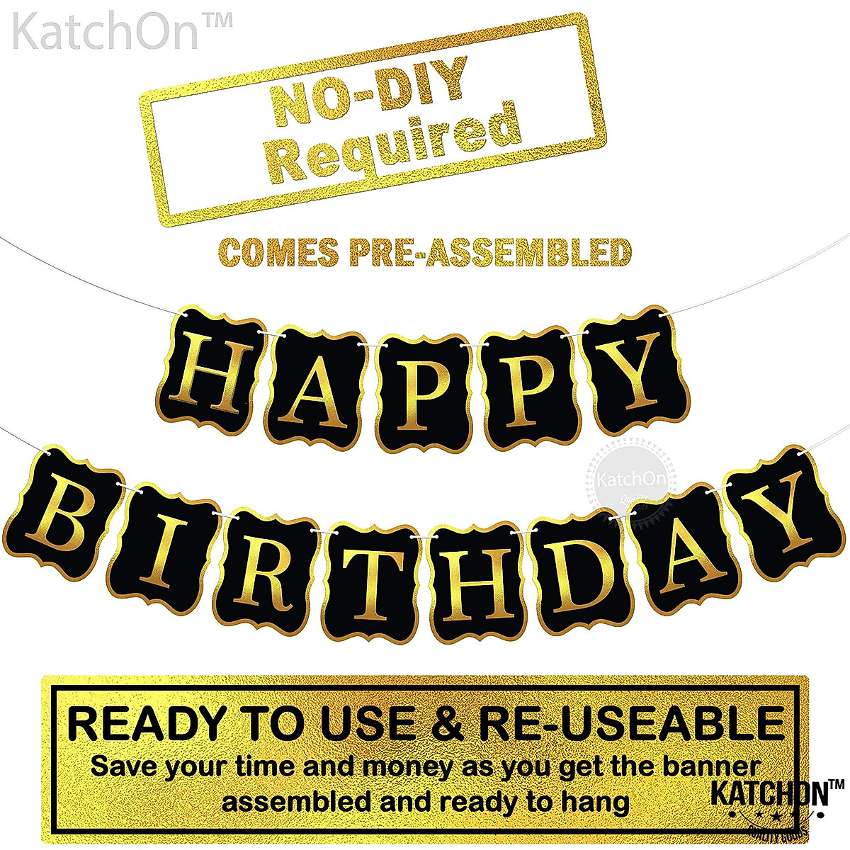 KatchOn, Large Happy Birthday Banner Black and Gold - 10 Feet, No DIY | Happy Birthday Sign | Black And Gold Happy Birthday Banner | Happy Birthday Banners for Men | Happy Birthday Backdrop for Men