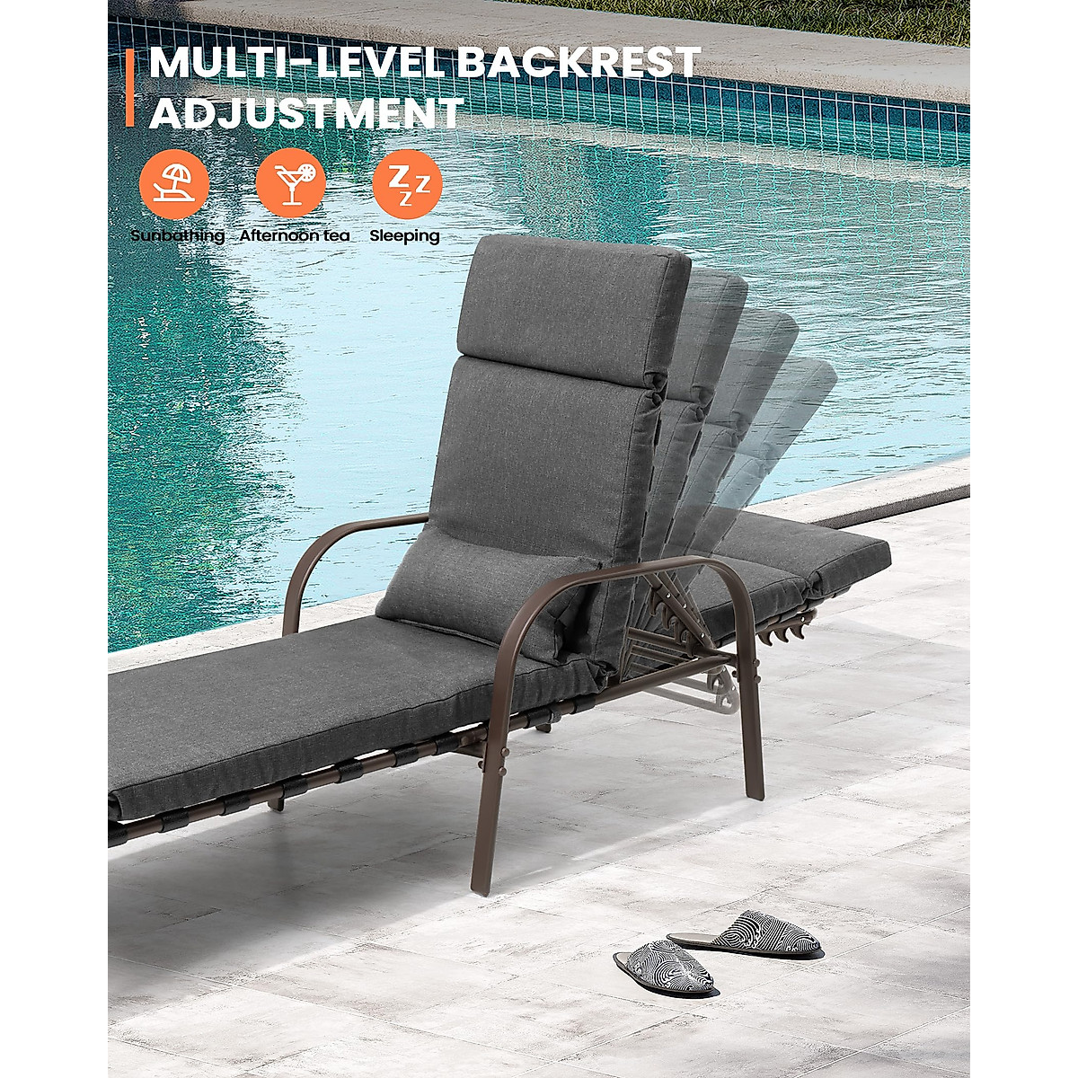 Pellebant Patio Chaise Lounge Chair with Cushion, Adjustable Lounge Chair with 5 Positions, Outdoor Recliners All Weather for Pool, Beach and Yard, 2 Pcs,Dark Grey