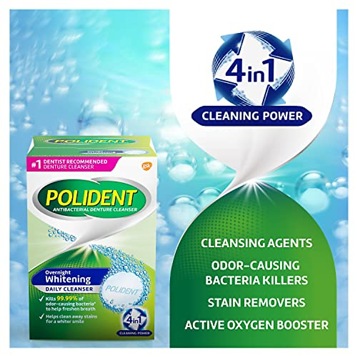 Polident Overnight Whitening Antibacterial Denture Cleanser Effervescent Tablets, 120 count