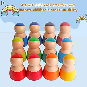 Dinhon 12 Wooden Rainbow Dolls Friends Toys Toddler Wooden Peg Bodies Baby Kids Wooden Pretend Play for Toddlers People Figures Shape Preschool Learning Educational Toys Montessori Toys