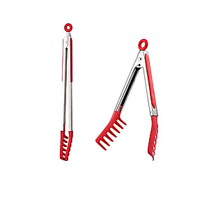 Red Stainless Steel Pasta Tong, Large 9" Stainless Steel Spaghetti Tongs, Comfortable Grip Design Pasta Server Utensil for Noodles Kitchen Cooking Baking Tools