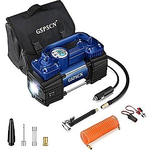 GSPSCN Portable Digital Car Tire Inflator with Gauge 150Psi Auto Shut-Off, Heavy Duty Double Cylinders 12V Air Compressor Pump w/Emergency LED Light for Auto,Truck,Car,Bicycles,RV,SUV,Balls etc. Blue