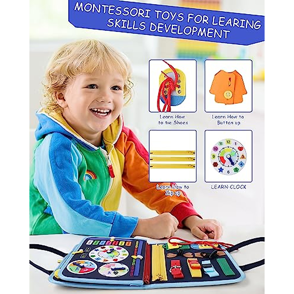 Supplim Busy Board Montessori Toy for Toddlers 1 2 3 4 5 Years Old - Educational Activity Sensory Board Preschool Learning Fine Motor Skills Toys, Toddler Travel Toy for Plane Car, Gift for Boys Girls