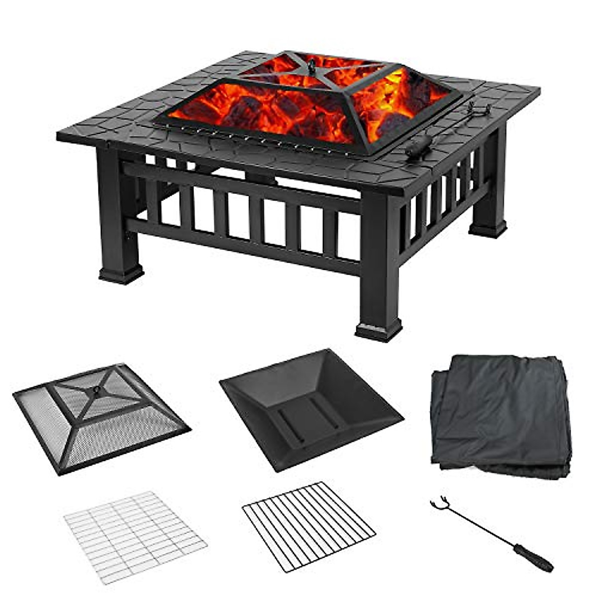 HEMBOR 32" Outdoor Fire Pit Table with Grill, Wood Burning Fireplace Bowl, Multi-Function Square Stove, w/Spark Screen, Poker, Rainproof Cover for Picnic, Camp, Bonfire, BBQ, Patio, Backyard, Party