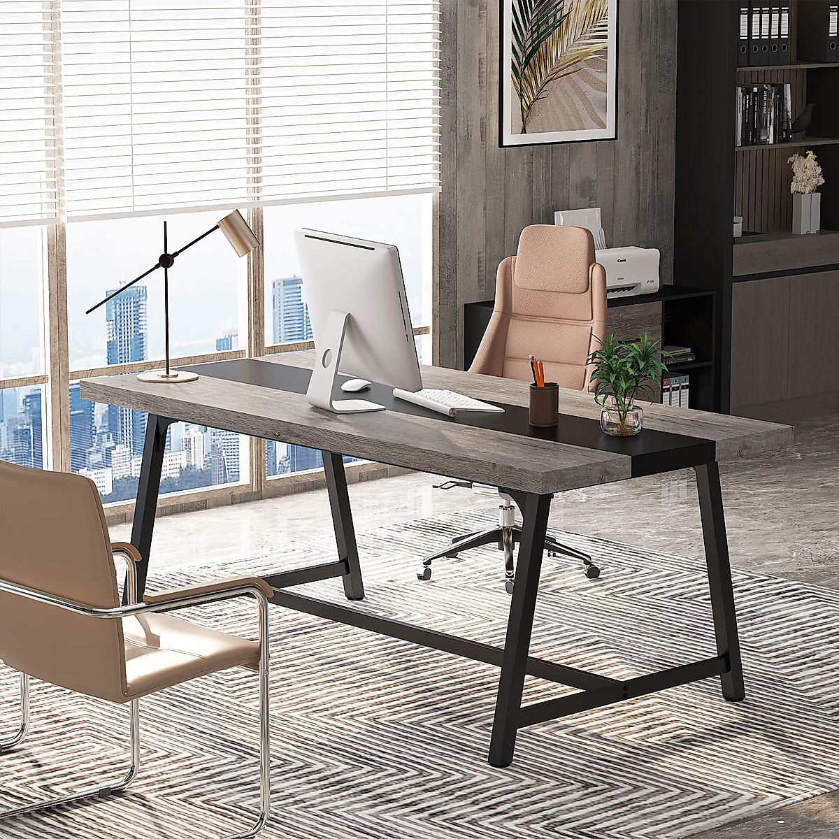 Tribesigns 6FT Rectangle Conference Table, 70.87L x 33.46W x 29.92H Inches Meeting Table for Conference Room, Vintage Wood Office Executive Desk with Strong Metal Frame for 6 People (Grey)