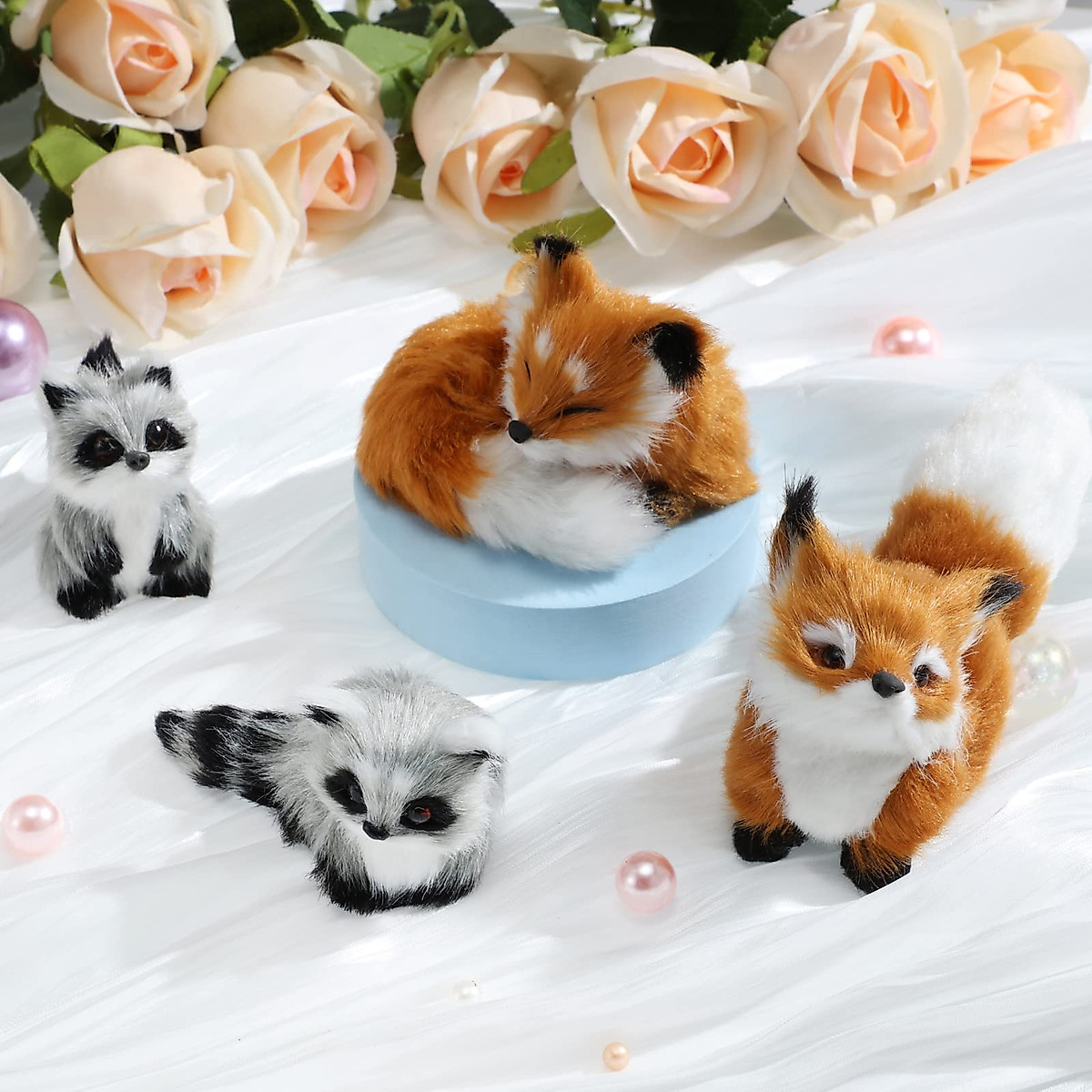 Deekin 4 Pcs Mini Simulation Fur Toy Christmas Animal Decoration Cute Furs Plush Raccoon Fox Squatting Sleeping Animals World with Static Action Figures for Home Office Desktop Decor