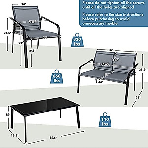 Tangkula 4 Pieces Patio Furniture Set, Outdoor Conversation Set with Tempered Glass Coffee Table, Outdoor Bistro Set with Fabric and Anti-Rust Steel Frame for Garden, Poolside and Backyard (Gray)