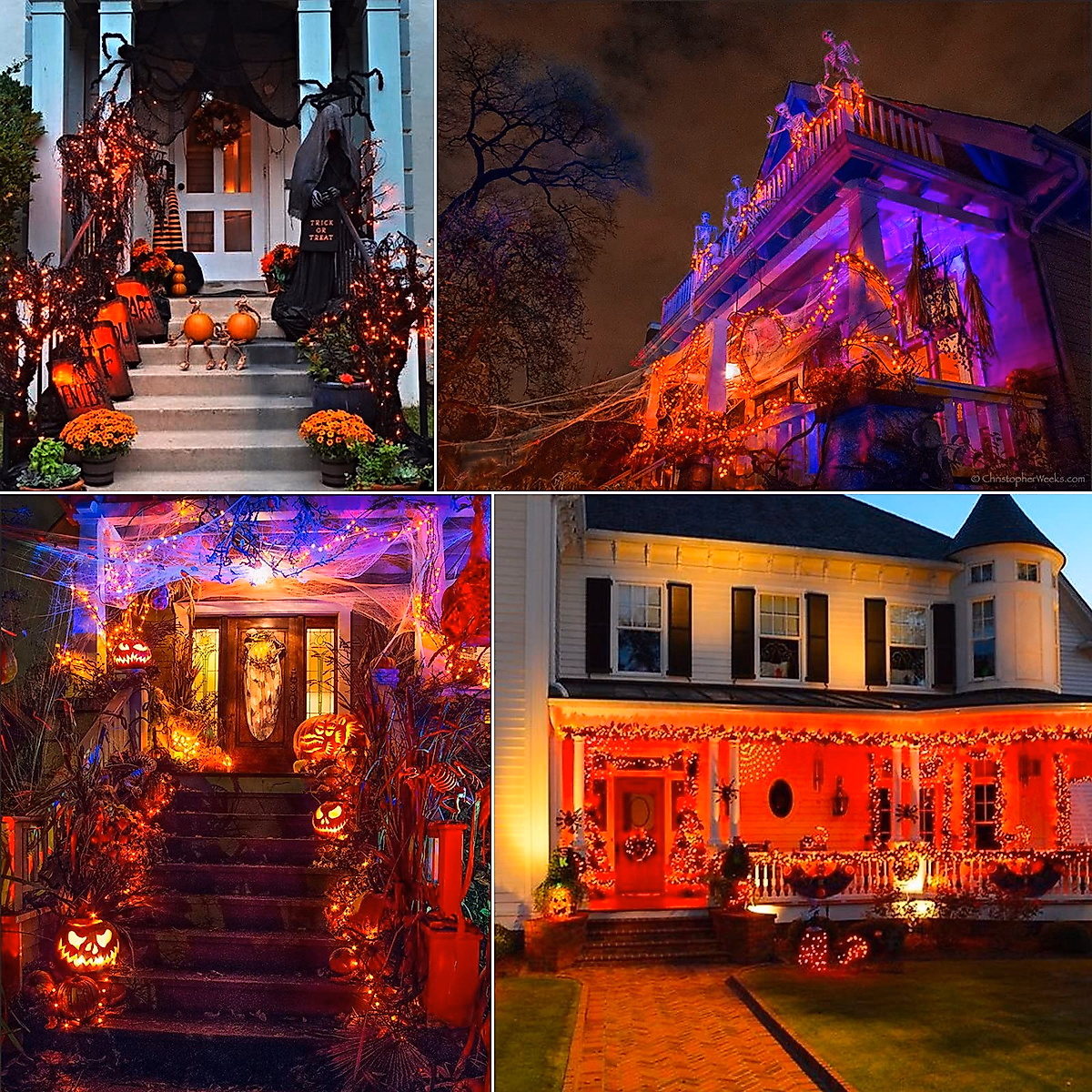 Orange Lights, 2 Packs Each 66 Feet 200 LED Solar Fairy Lights, Halloween Lights Outdoor with 8 Modes, Waterproof Twinkle Fall Lights for Patio Yard Trees Party, Black Wire