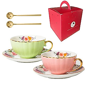 ONEUSTAR Tea Cup and Saucer Set for 2 Porcelain Enghlish Tea Cup Floral Teacups Coffee Cup Set for Mother's Day Thanksgiving in Gift Box 8 Oz