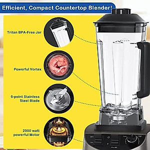 Blender 2000W, Professional Countertop Blenders for Kitchen with High Speed, Blender for Shakes and Smoothies, 68 Oz Large Tritan Jar, 6 Blades, 2 Speeds & Pulse Function for Frozen Drinks
