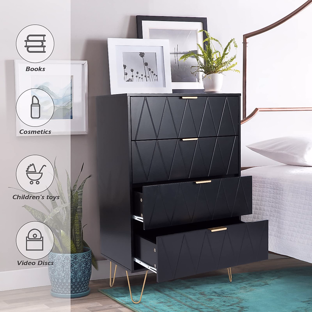 UEV 4 Drawer Dresser,Chest of Drawers,Wooden Dresser with 4 Metal Legs,Tall Dresser with Anti-Tipping Device,Dresser Set for Bedroom,Living Room (Black)