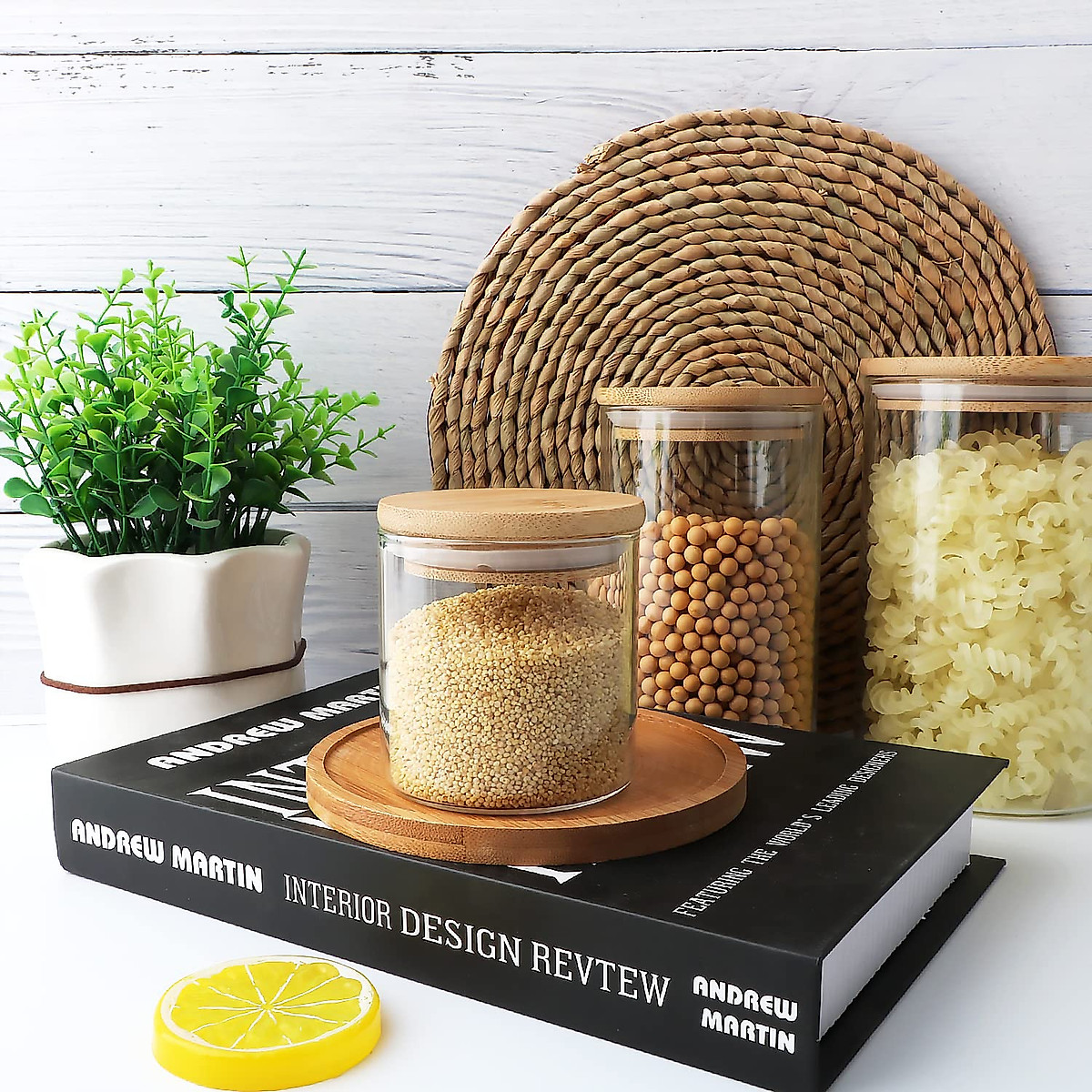 7 oz/230ml Glass Jars With Bamboo Lids, Pantry Organization and Storage Jars-Set of 16,Spice Jars Set for Coffee,Flour,Sugar ,Tea